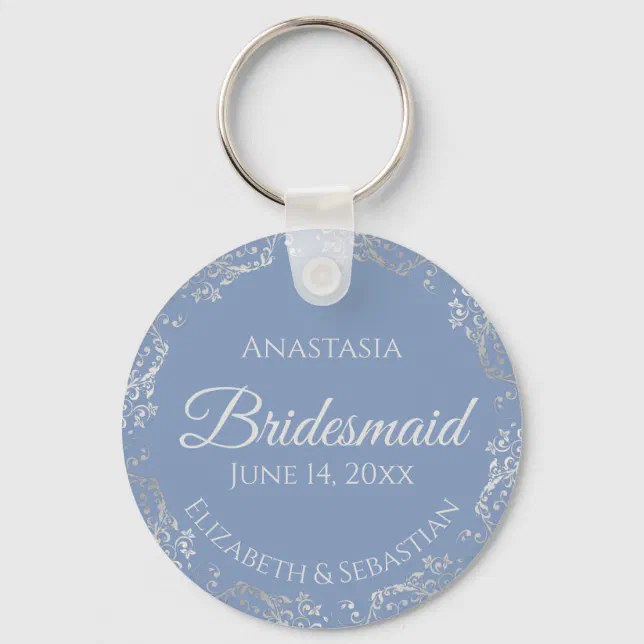Silver Lace Bridesmaid Periwinkle Blue Wedding Keychain | Zazzle