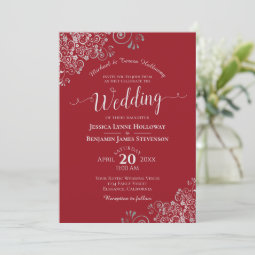 Silver Lace Elegant Crimson Red Formal Wedding Invitation | Zazzle