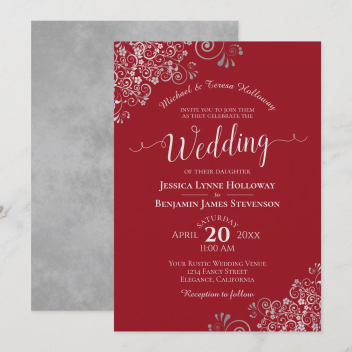Silver Lace Elegant Crimson Red Formal Wedding Invitation | Zazzle.com