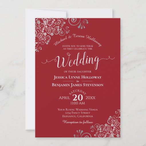 Silver Lace Elegant Crimson Red Formal Wedding Invitation | Zazzle