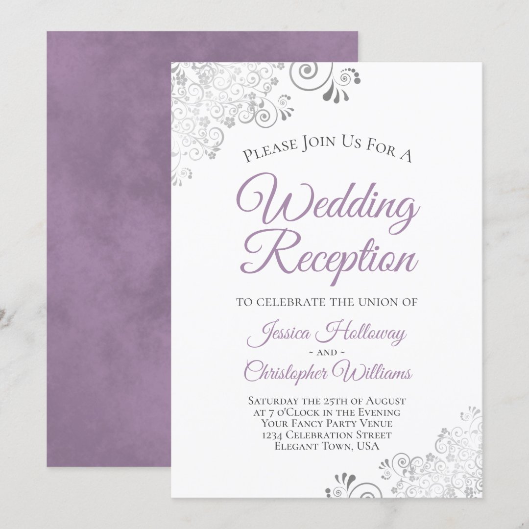 Silver Lace Lavender on White Wedding Reception Invitation | Zazzle