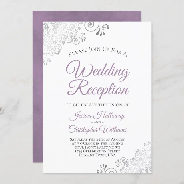 Silver Lace Lavender on White Wedding Reception Invitation | Zazzle