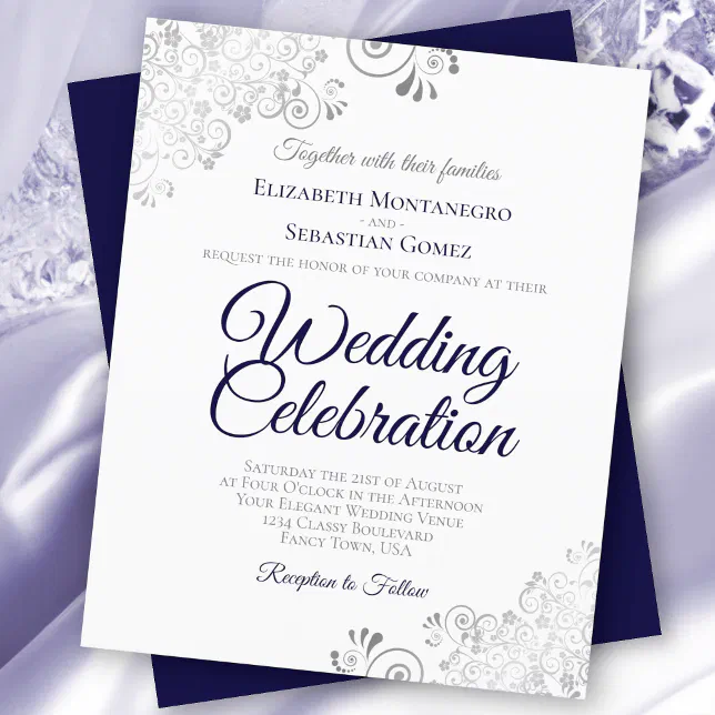 Silver Lace Navy & White BUDGET Wedding Invitation | Zazzle
