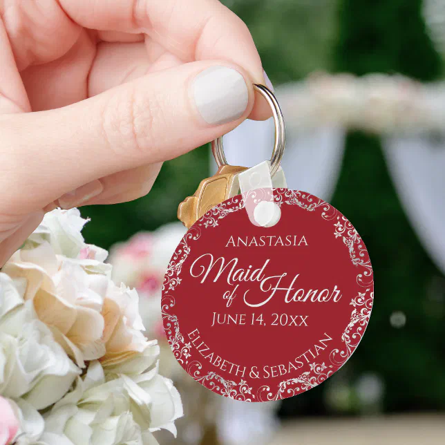 Silver Lace on Crimson Red Maid of Honor Wedding Keychain | Zazzle
