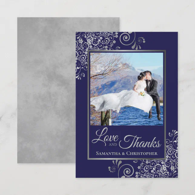 Silver Lace on Navy Blue Love & Thanks Wedding Thank You Card | Zazzle