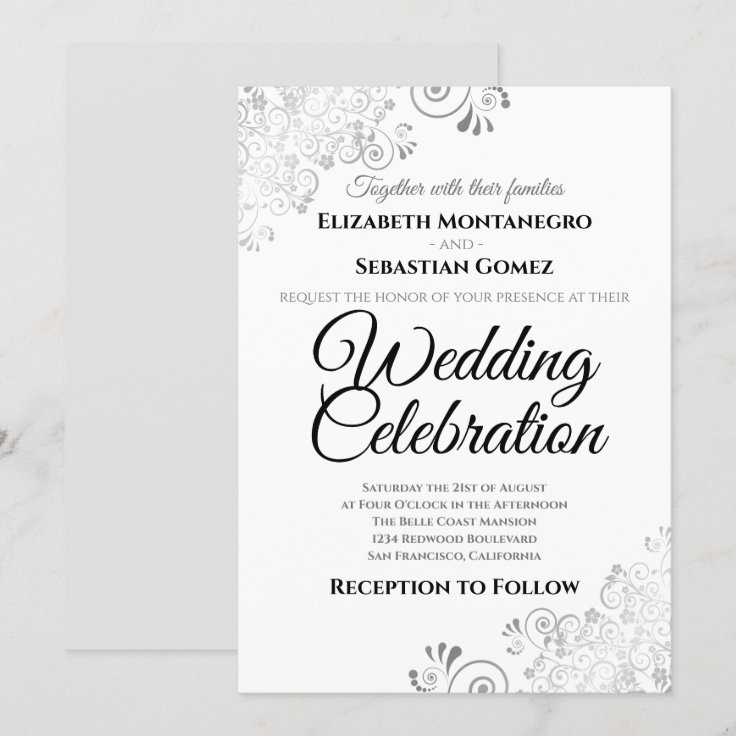 Silver Lacy Floral Filigree Simple Elegant Wedding Invitation | Zazzle
