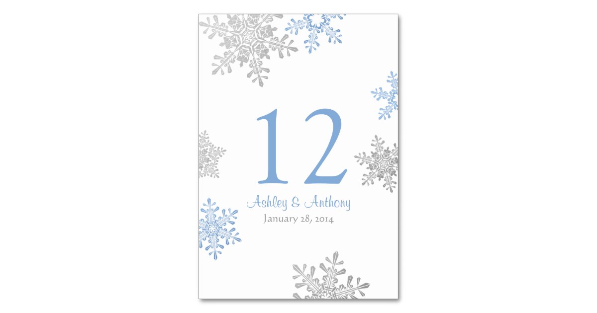 Silver Lapis Blue White Snowflakes Winter Wedding Table Number | Zazzle