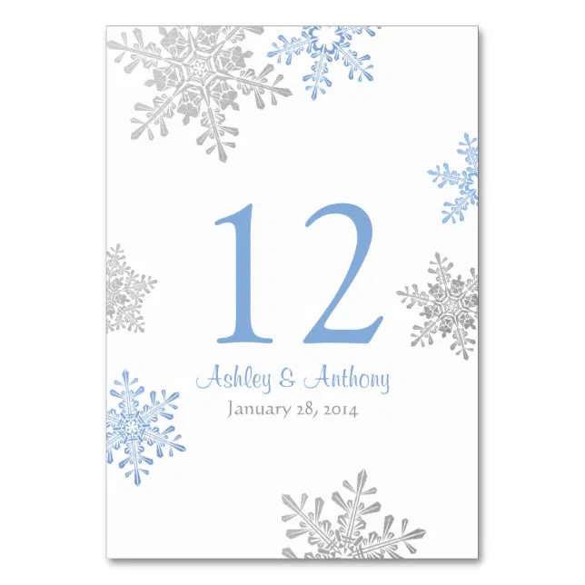 Silver Lapis Blue White Snowflakes Winter Wedding Table Number | Zazzle