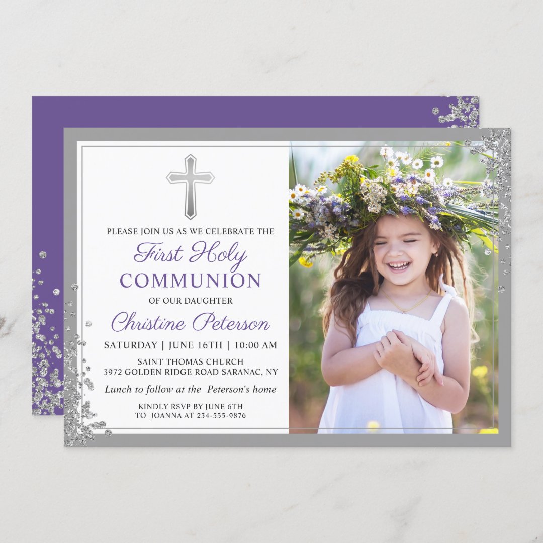 Silver Lavender Purple First Communion Photo Invitation | Zazzle
