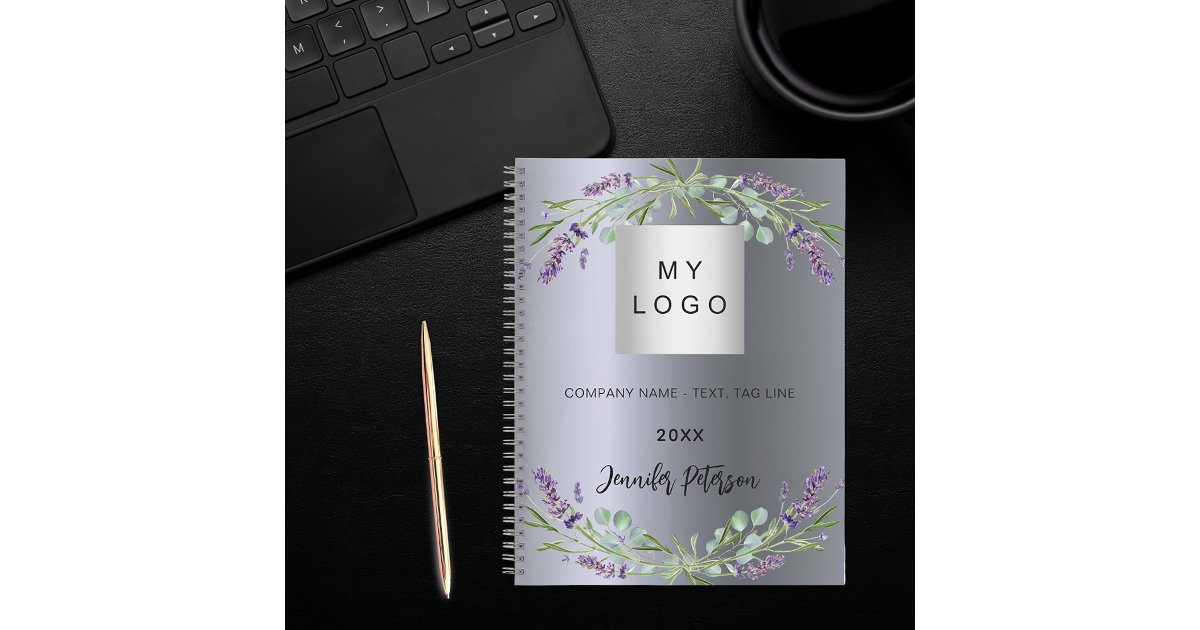 Silver lavender violet florals business logo notebook | Zazzle