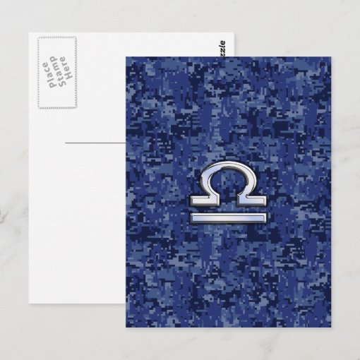 Silver Libra Zodiac Sign on blue digital camo Postcard | Zazzle