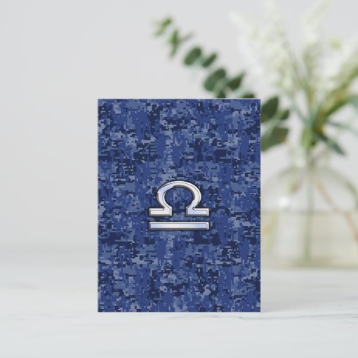 Silver Libra Zodiac Sign on blue digital camo Postcard | Zazzle