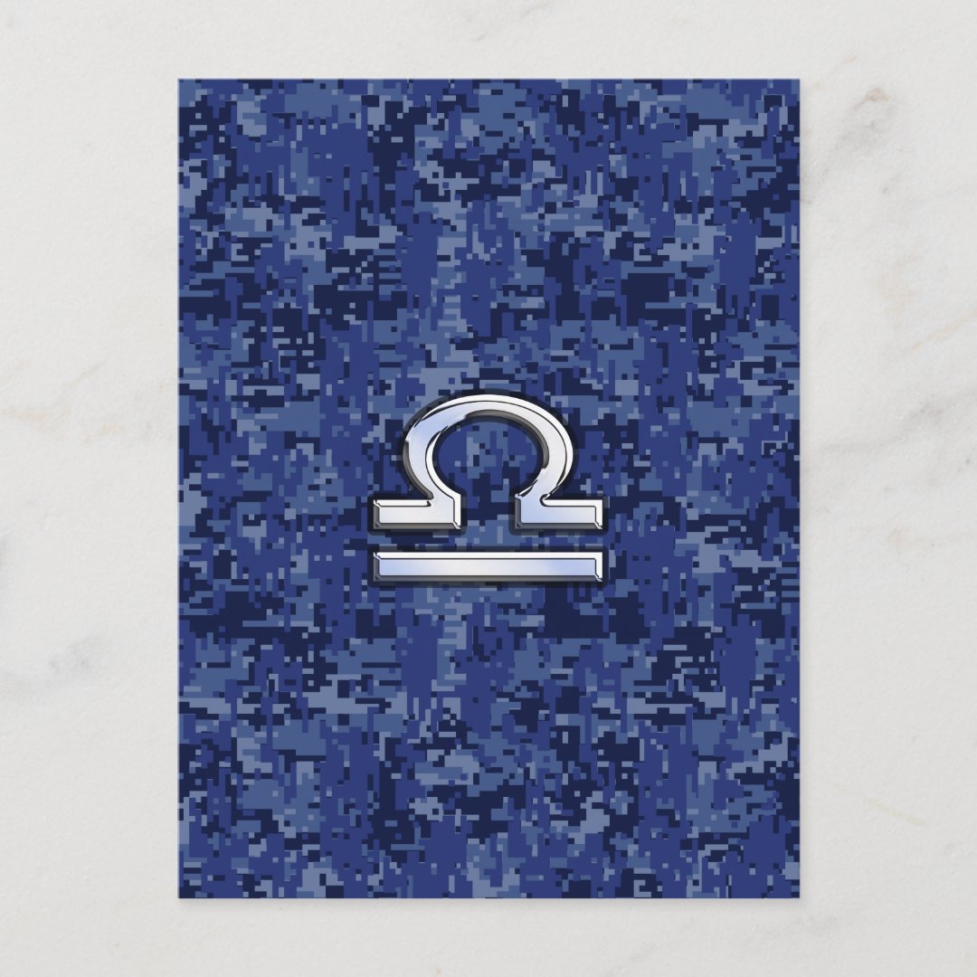 Silver Libra Zodiac Sign on blue digital camo Postcard | Zazzle