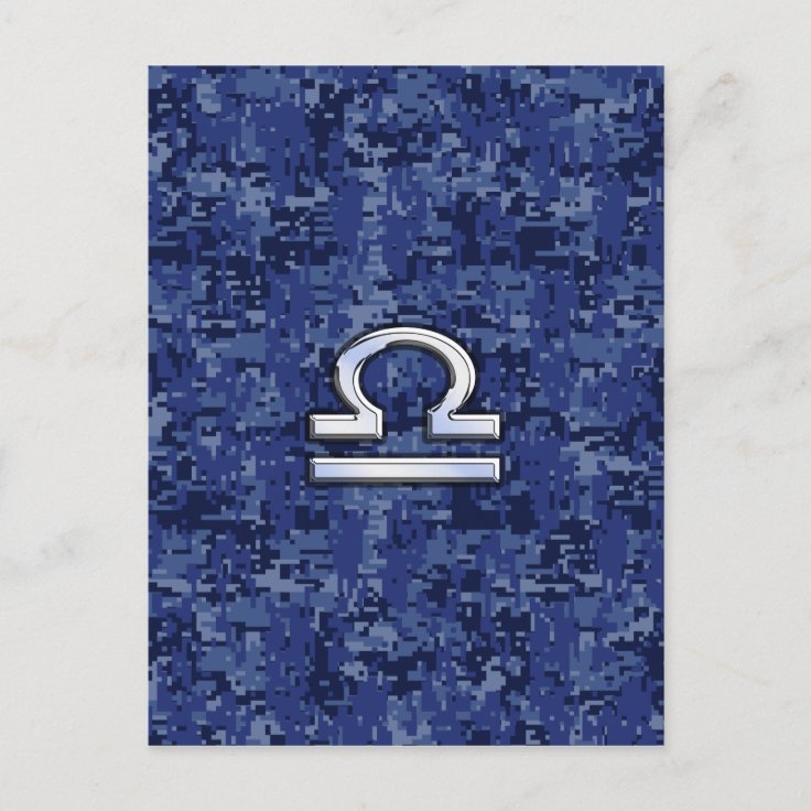 Silver Libra Zodiac Sign on blue digital camo Postcard | Zazzle