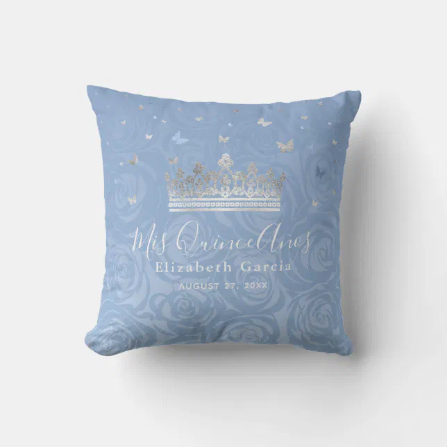 Silver Light Baby Blue Roses Mis Quince Anos Throw Pillow | Zazzle