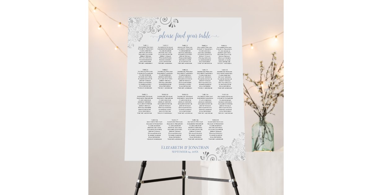 Silver & Light Blue 19 Table White Seating Chart Foam Board | Zazzle