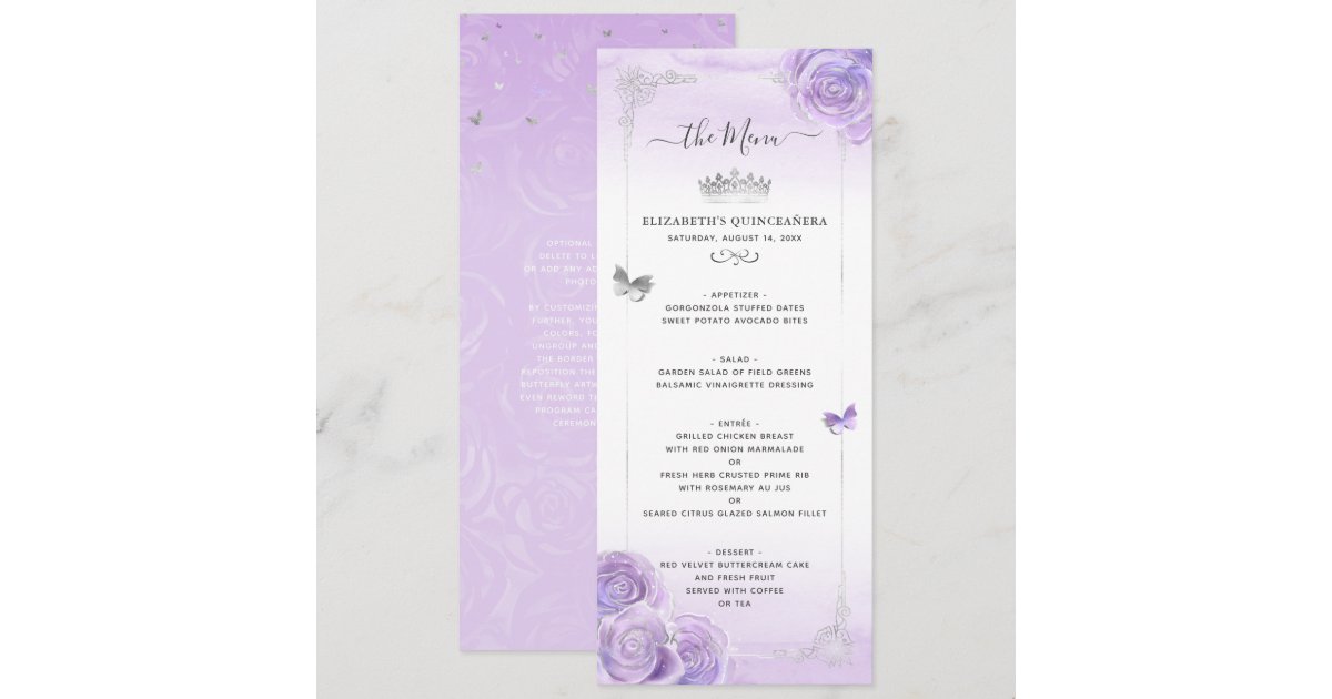 Silver Light Purple Roses Elegant Floral Menu | Zazzle