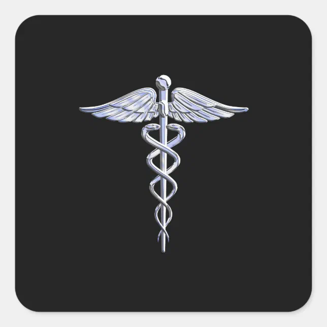 Silver Like Caduceus Medical Symbol on Black Decor Square Sticker | Zazzle