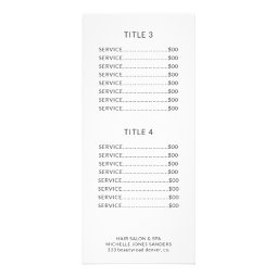 Silver logo white salon service menu rack card | Zazzle