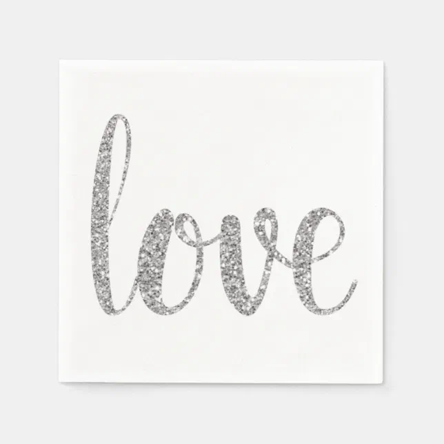 Silver love cocktail napkins, glitter font paper napkins | Zazzle