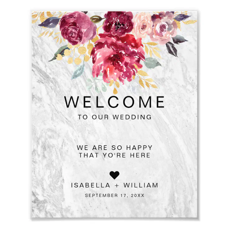 Silver Marble Floral Gold Burgundy Wedding Sign | Zazzle