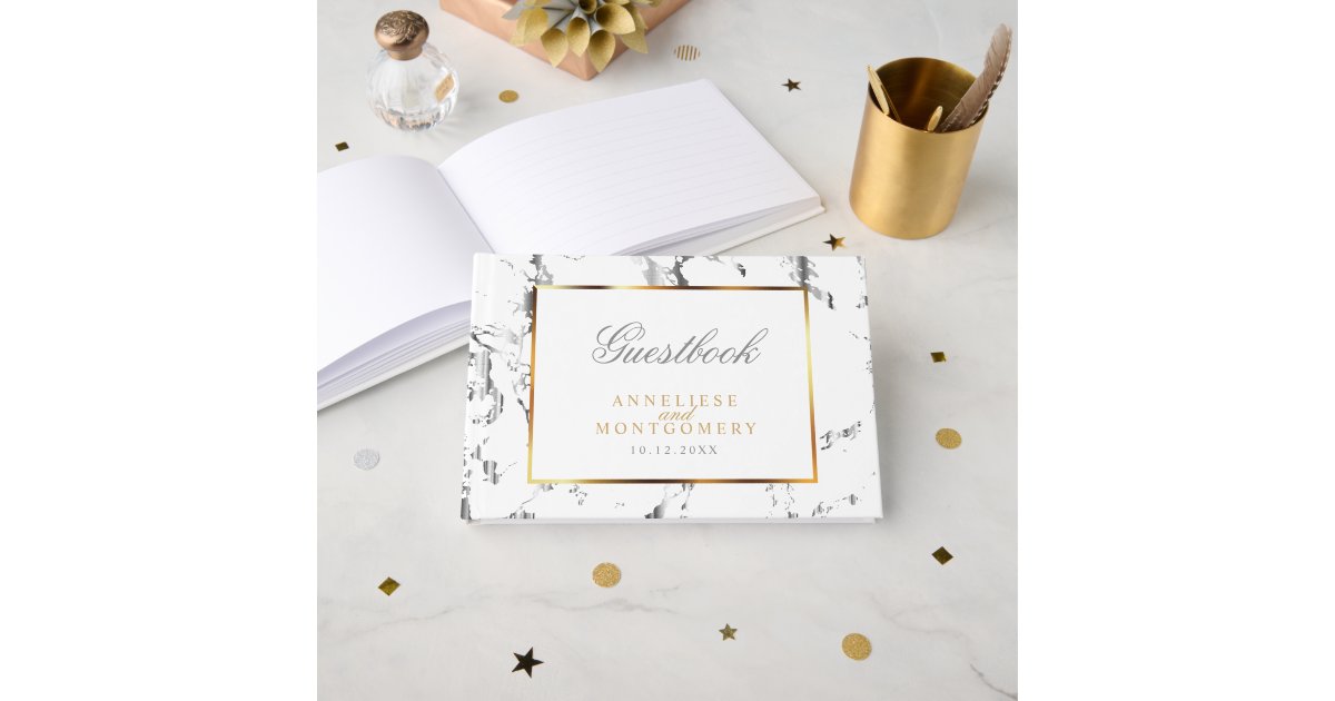 Silver Marble, Gold and White Design Guest Book | Zazzle