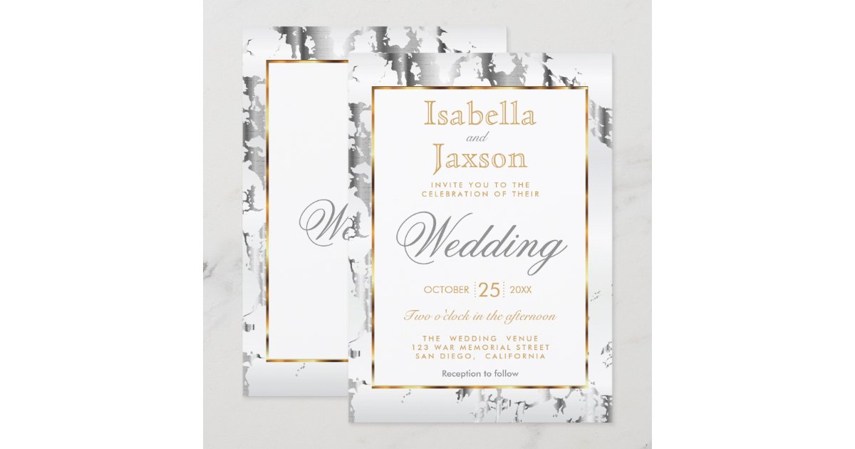 Silver Marble, Gold and White Invitation | Zazzle