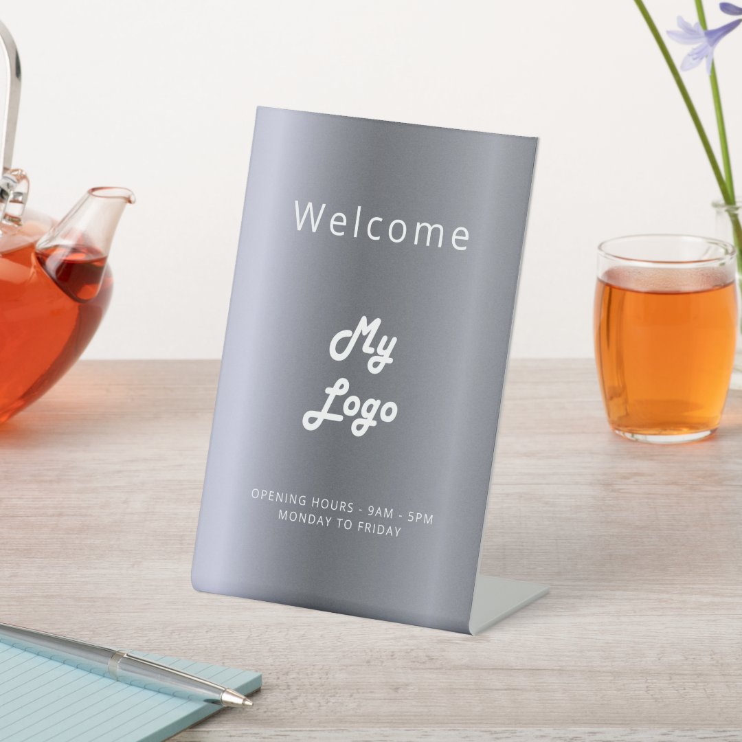 Silver metal business logo welcome pedestal sign | Zazzle