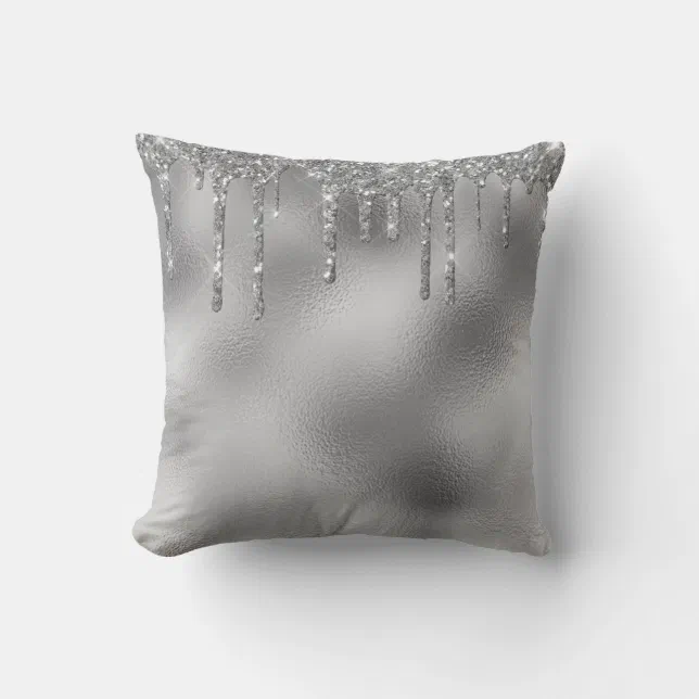 Silver Metal Glitter Drips Glam Throw Pillow | Zazzle