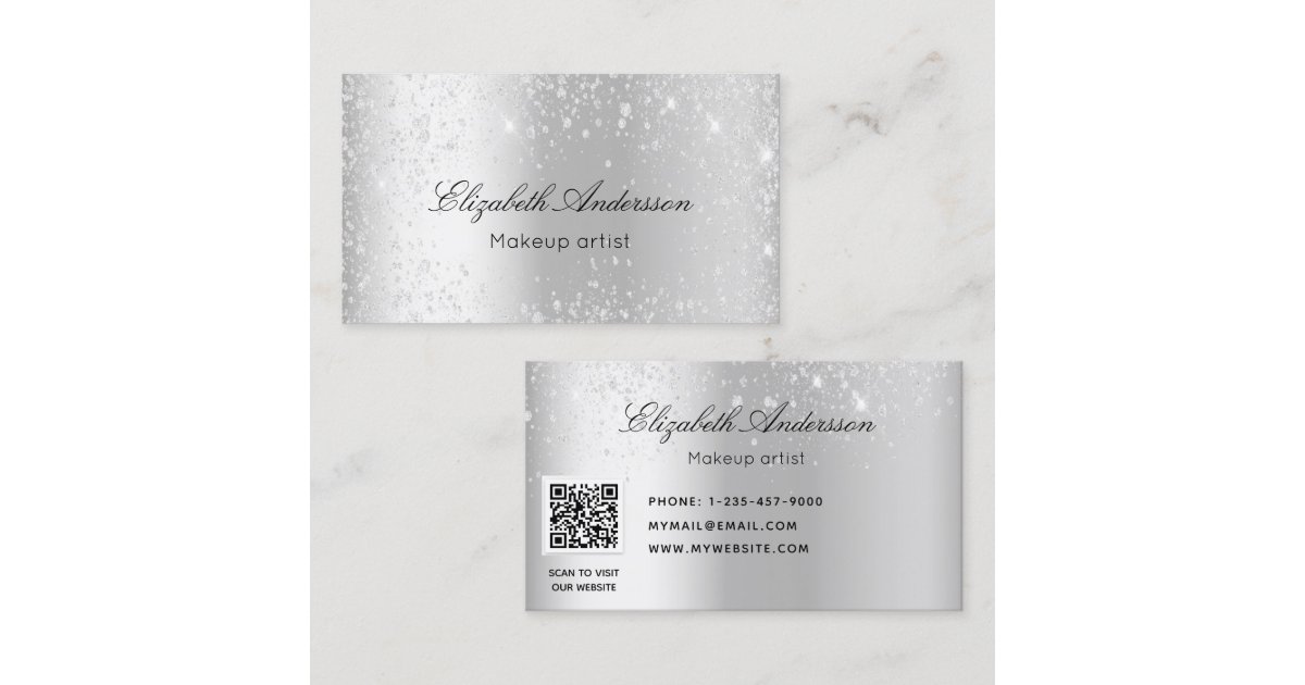 Silver metal glitter elegant QR code Business Card | Zazzle