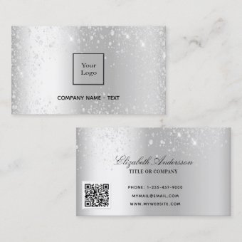 Silver metal glitter logo elegant QR code Business Card | Zazzle