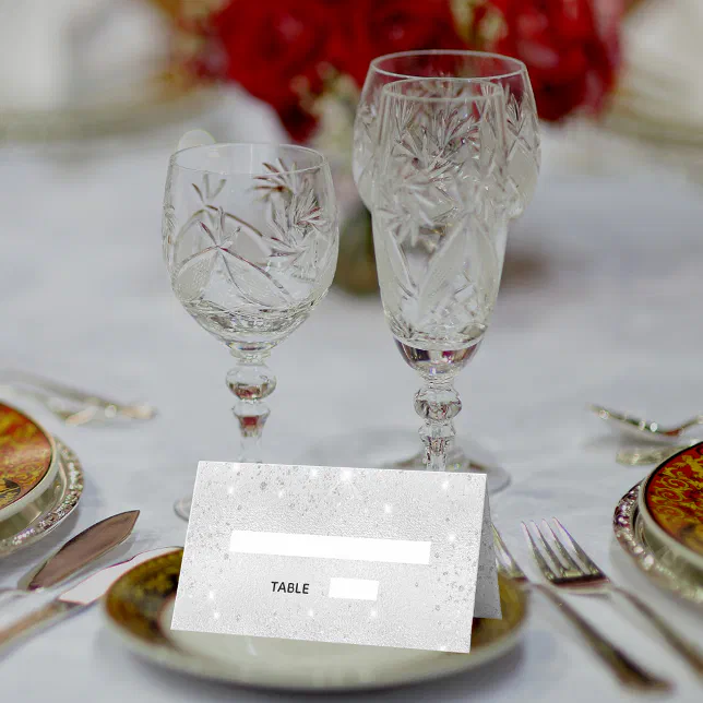 Silver metal glitter wedding place card | Zazzle