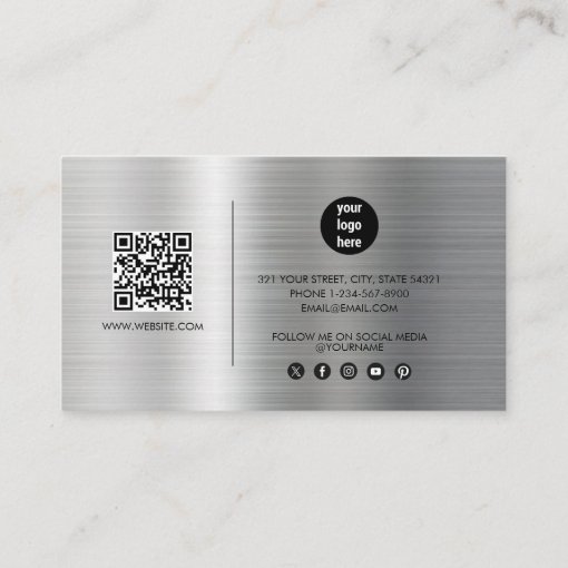 Silver Metal Modern Script QR Code Social Media Business Card | Zazzle