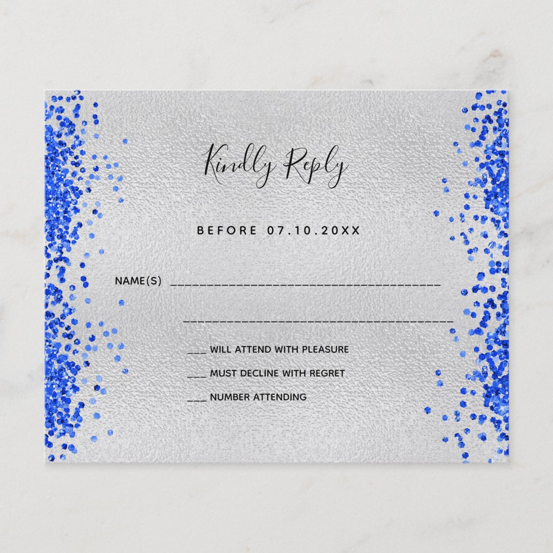 Silver metal royal blue modern budget wedding RSVP Flyer | Zazzle