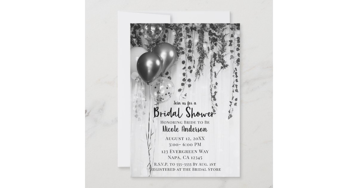 Silver Metallic Balloons Rustic Ivy Bridal Shower Invitation | Zazzle