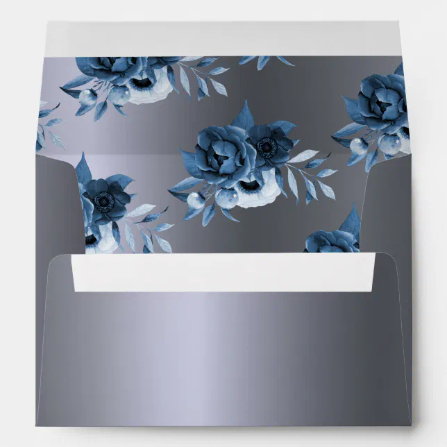 Silver metallic blue florals glam winter wedding envelope | Zazzle