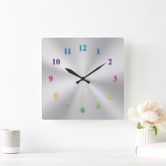 Silver Metallic Clock with Colored Numbers | Zazzle