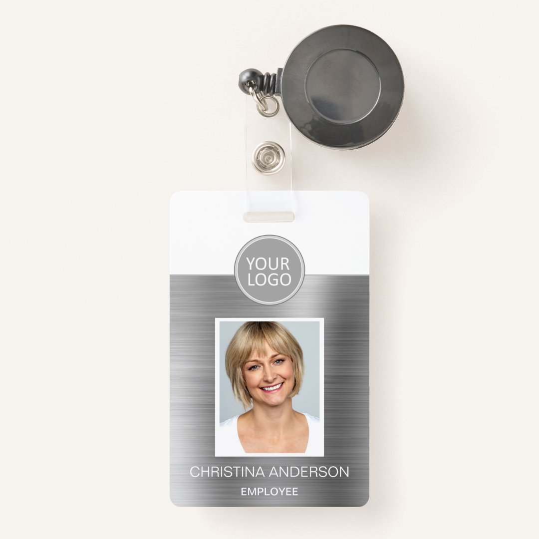 Silver Metallic Employee Name Logo Photo Corporate Badge | Zazzle