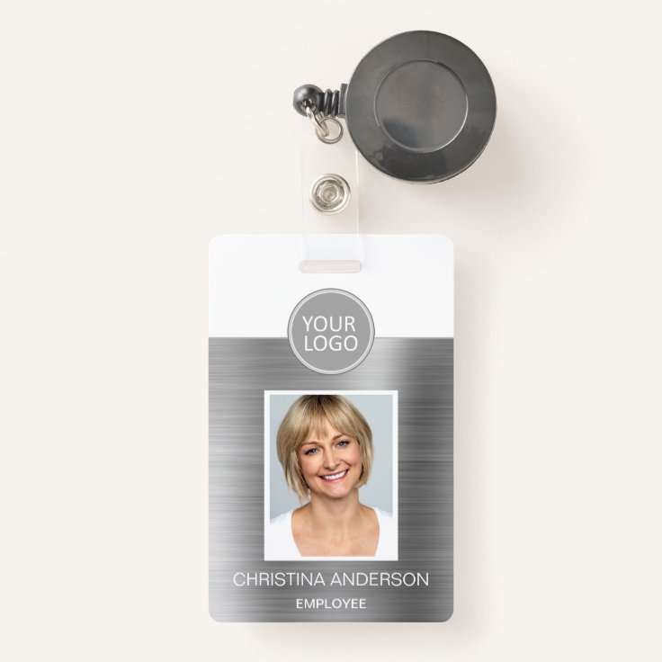 Silver Metallic Employee Name Logo Photo Corporate Badge | Zazzle
