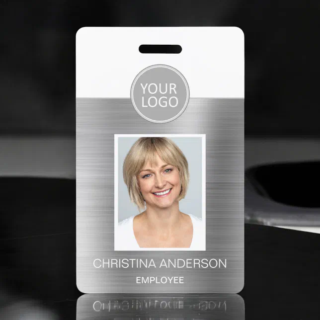 Silver Metallic Employee Name Logo Photo Corporate Badge | Zazzle