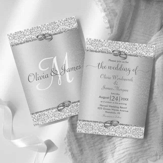 Silver Metallic Glitter Monogram Wedding Invitation | Zazzle