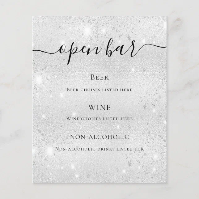 Silver metallic glitter sparkles script bar menu | Zazzle