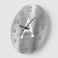 Silver Metallic Monogram Name & Initial Large Clock | Zazzle