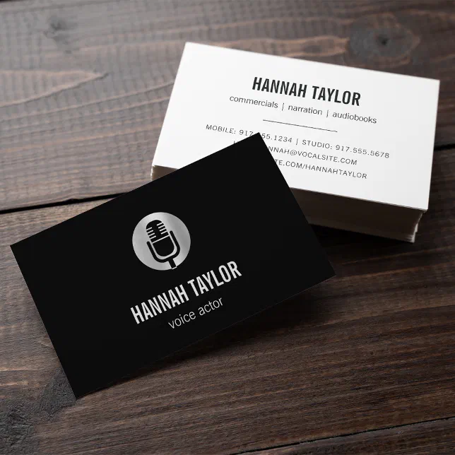 Silver Microphone Voice Actor Business Card | Zazzle