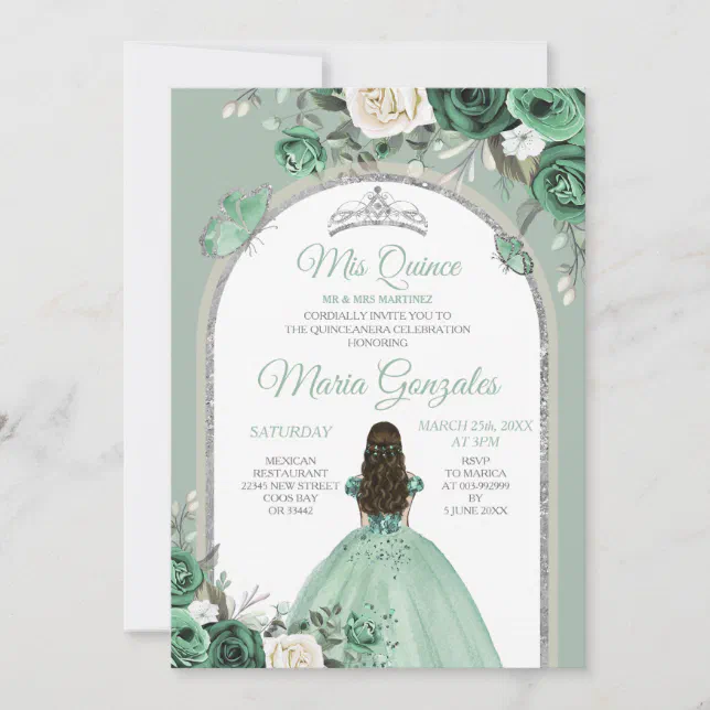 Silver Mis Quince Dusty Green Floral Quinceañera Invitation | Zazzle