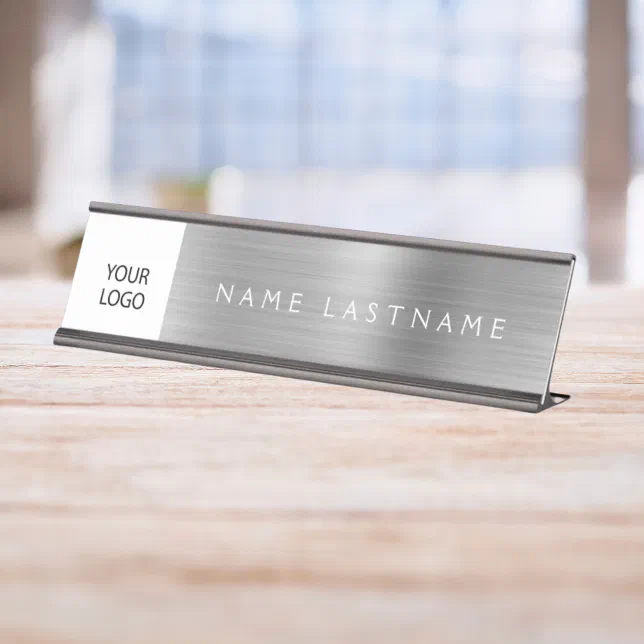 Silver Modern Custom Logo Executive Professional Desk Name Plate | Zazzle