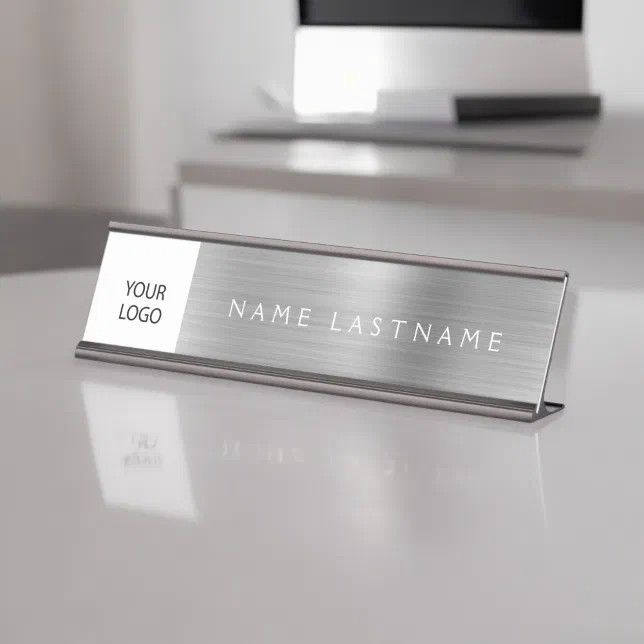Silver Modern Custom Logo Executive Professional Desk Name Plate | Zazzle