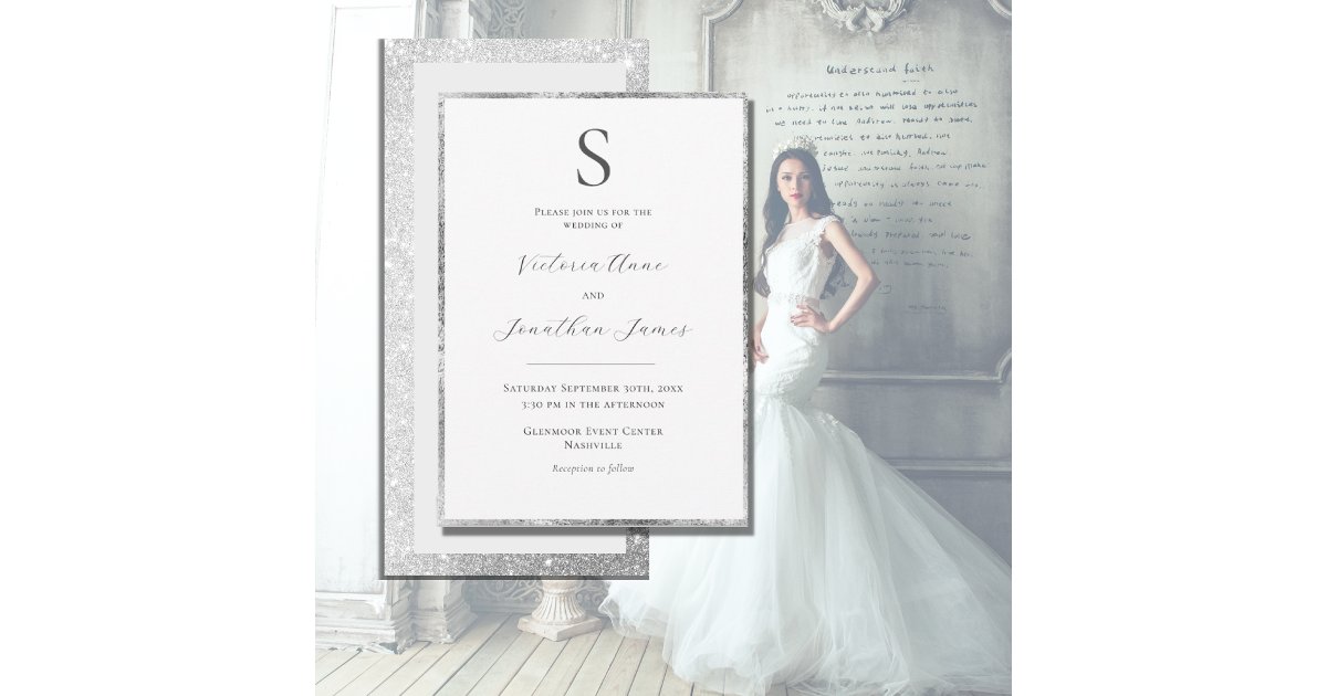 Silver Monogram Elegant Modern Wedding Invitation | Zazzle