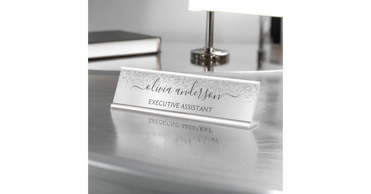 Silver Monogram Glitter Sparkle Girly Script Desk Name Plate | Zazzle