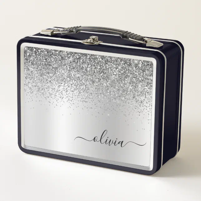 Silver Monogram Glitter Sparkle Girly Script Metal Lunch Box | Zazzle